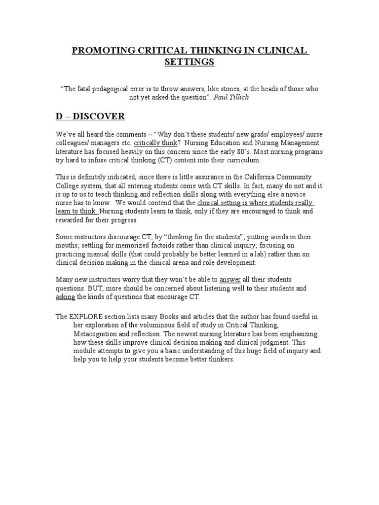 Promoting Critical Thinking in Clinical Settings | PDF | Critical ...