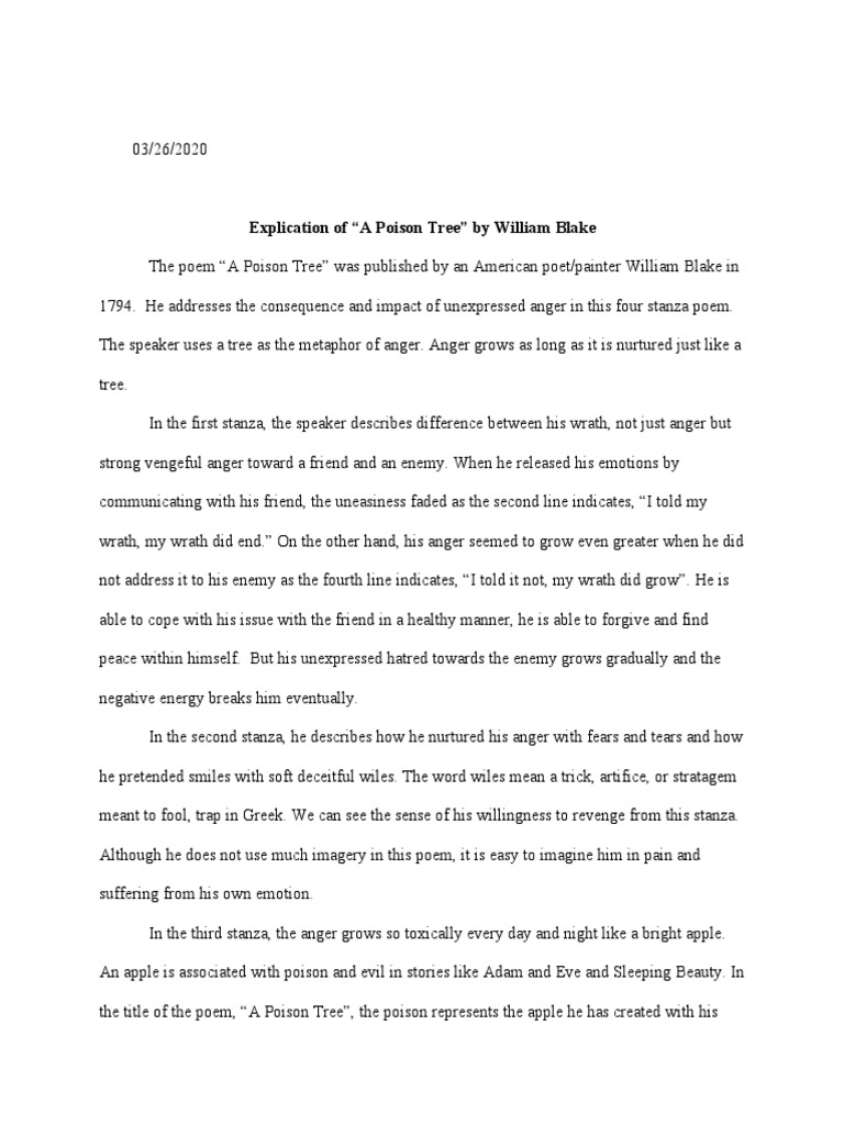 Explication of "A Poison Tree" by William Blake | PDF | Anger ...