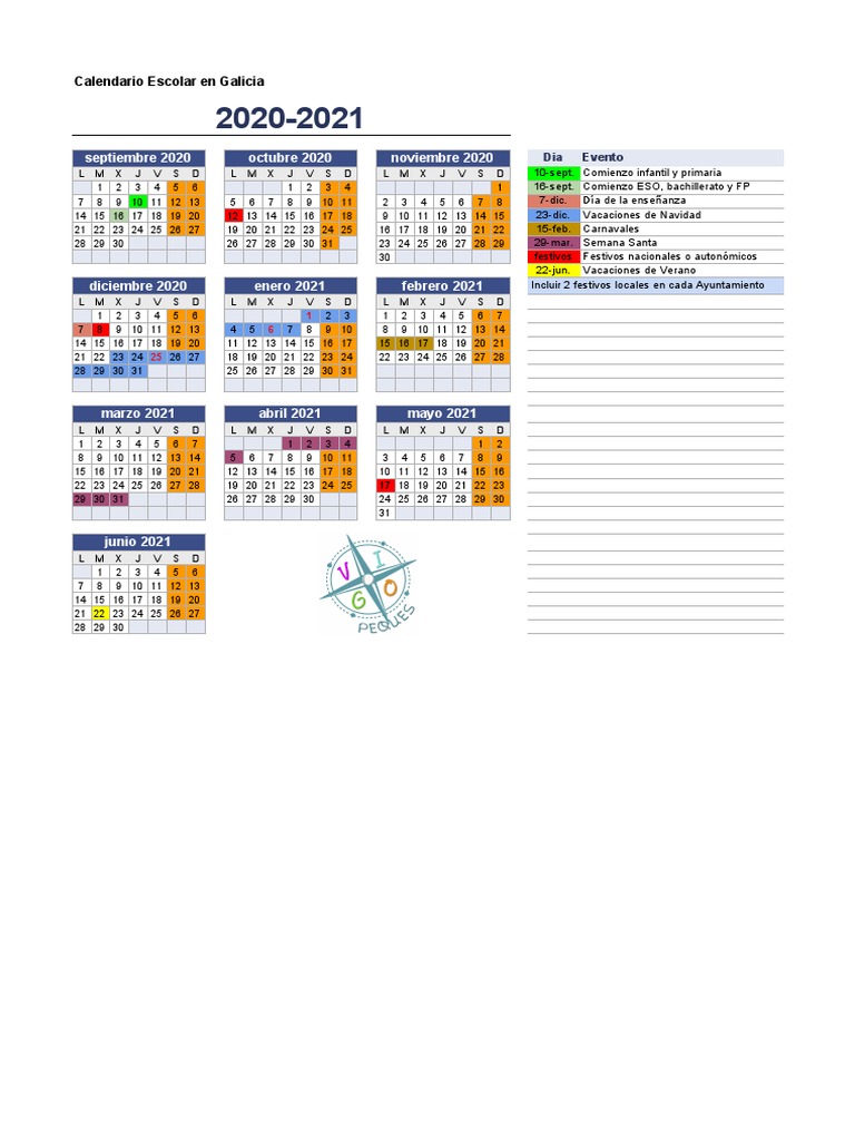 Calendario Escolar Galicia 2020 2021 Pdf Vacaciones O Vacaciones Asia