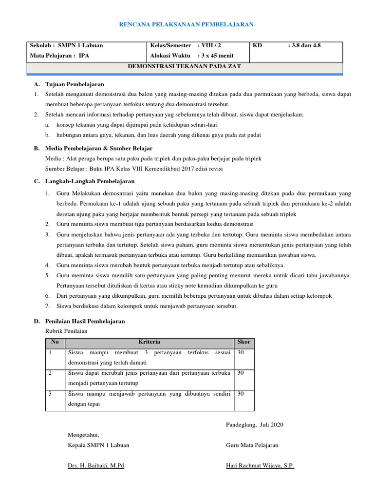 Contoh RPP 1 Lembar IPA 2 | PDF