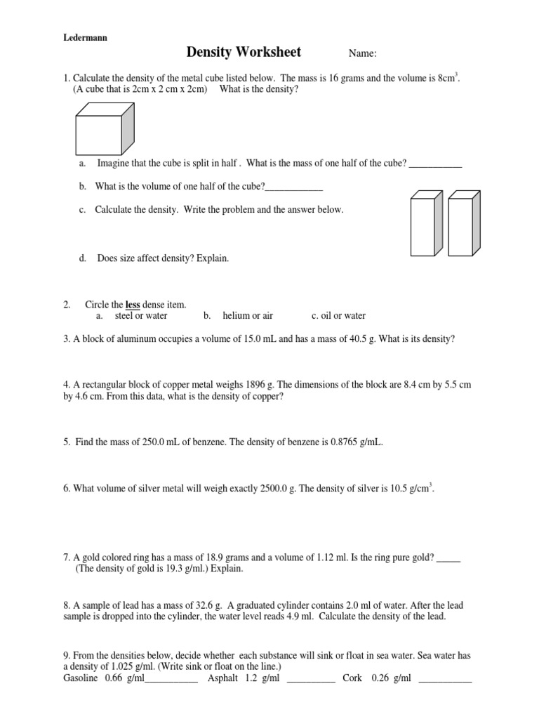 Density Calculations and Comparisons Worksheet | PDF | Solubility | Density