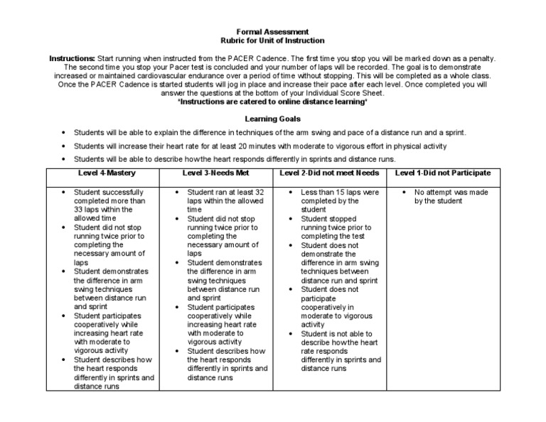 PACER Test Assessment Rubric | PDF