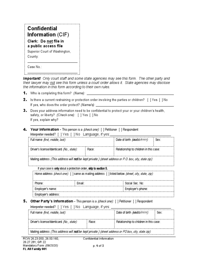 FL All Family 001 Confidential Info Form - 2020 06 | PDF | Law