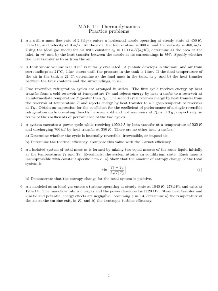 MAE 11 Thermodynamics Practice Problems | PDF | Heat | Temperature