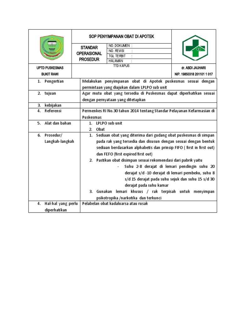 Sop Penyimpanan Obat Di Apotek | PDF