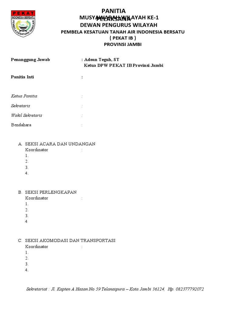 Format Susunan Kepanitiaan Muswil I Pekat Ib Jambi | PDF