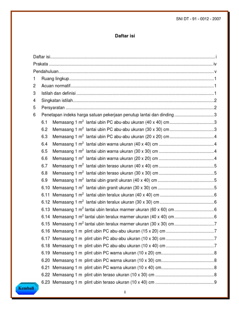 Sni DT 91 0012 2007 Tata Cara Perhitungan Harga Satuan Pekerjaan Penutup Lantai Dan Dinding | PDF