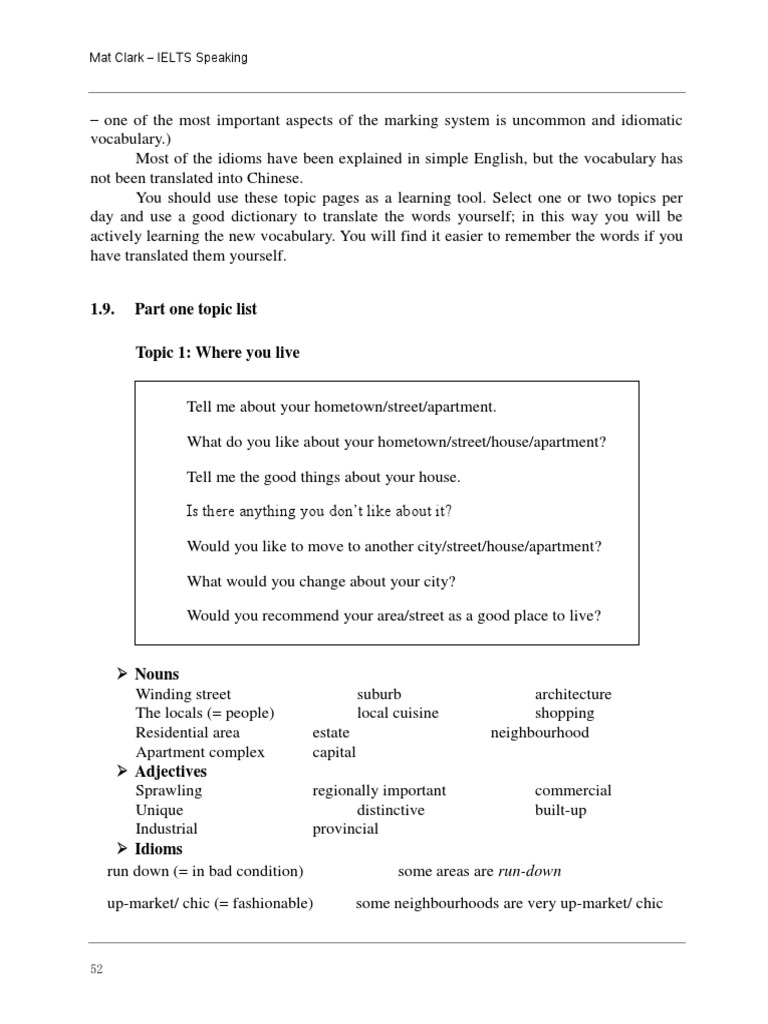 1.9. Part One Topic List Topic 1: Where You Live: Mat Clark - IELTS ...