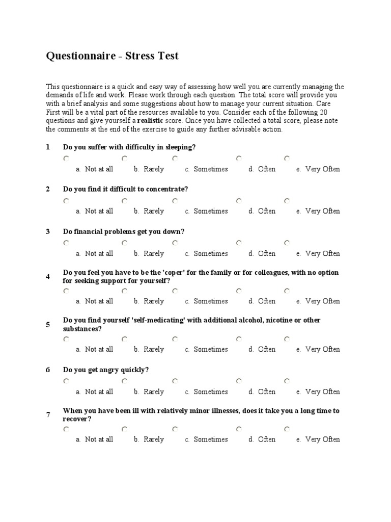 Questionnaire - Stress Test | PDF | Stress (Biology) | Behavioural Sciences