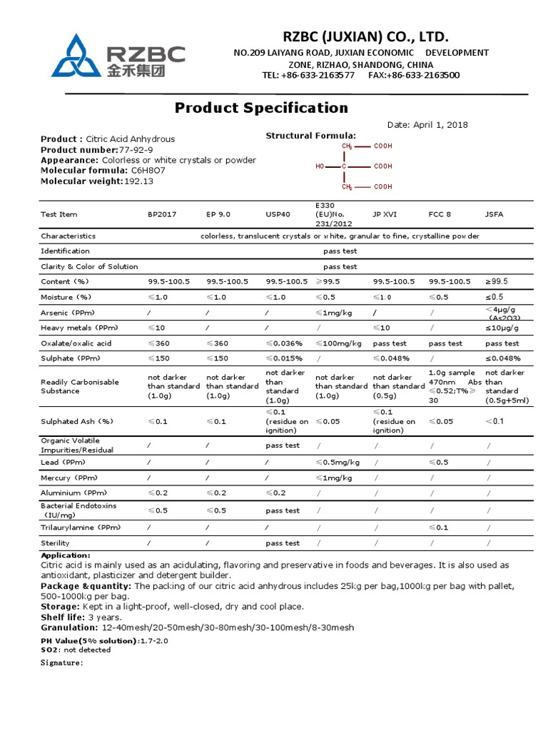 Citric Acid Anhydrous RZBC (JUXIAN) CO., LTD PDF | PDF | Chemical ...