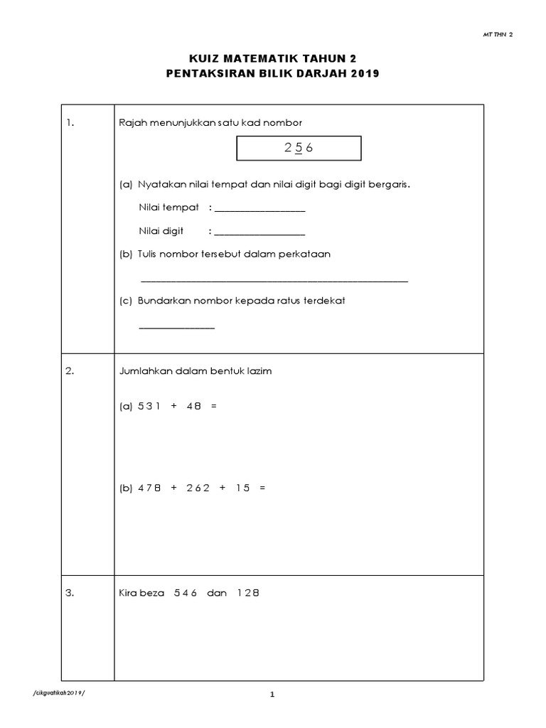 Kuiz Matematik Tahun 2 | PDF