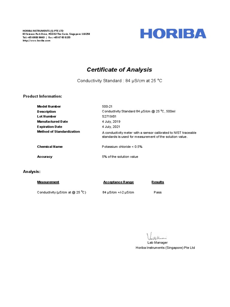 Conductivity Standard 84 µS/cm COA | PDF