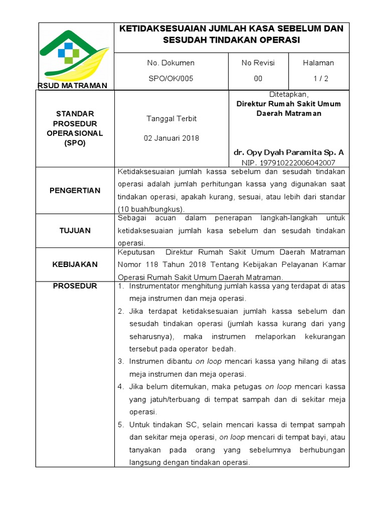 Spo Ketidaksesuaian Jumlah Kassa Sebelum Dan Sesudah Tindakan Operasi | PDF