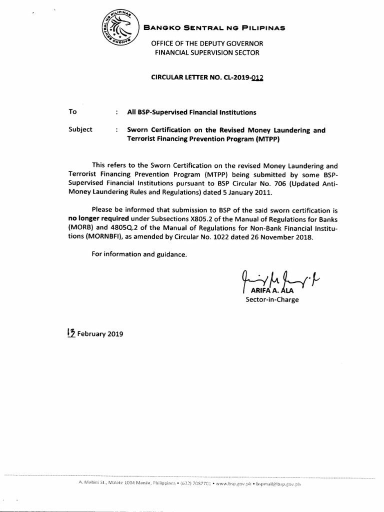 BSP MTPP (Circular Letter 2019-012) Reference | PDF
