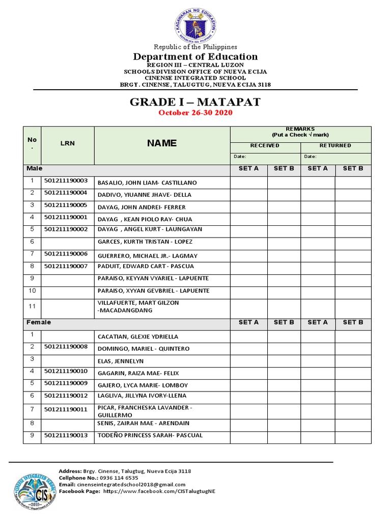 October 5-9 Checklist For Dinstribution and Retrieval Grade 1 | PDF ...