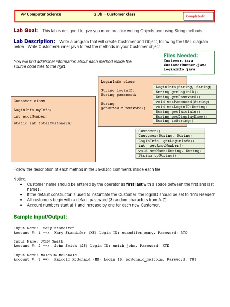 Customer Class: Creating Customer Objects and Testing Methods | PDF ...