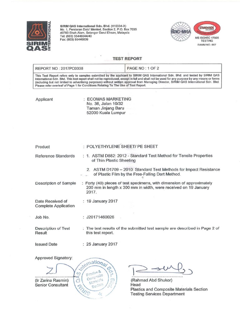 Sirim Test Report - Pe Sheet (Ecomas) | PDF