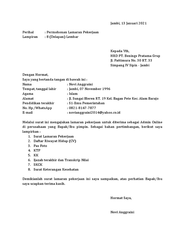 Lamaran Pekerjaan Novi Anggraini | PDF | Karier & Perkembangan