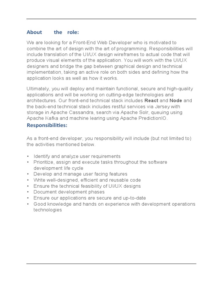 JD - Front End Developer | PDF | Application Software | User Interface