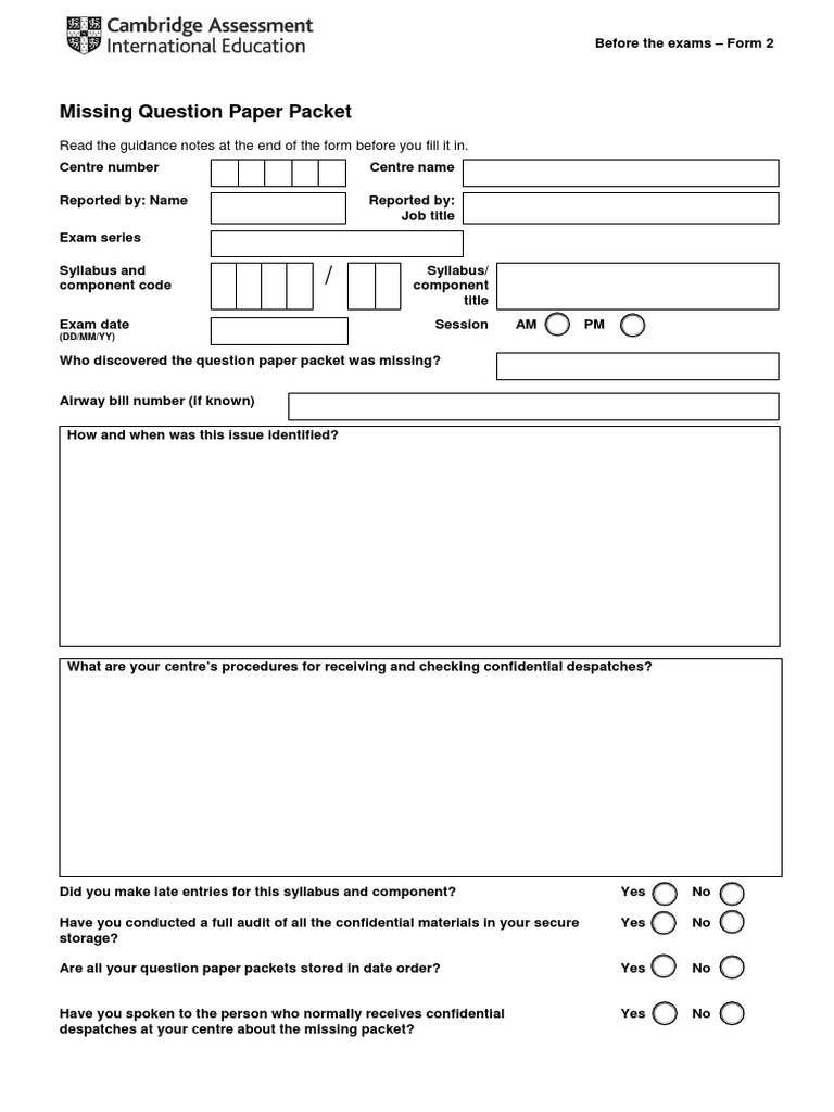 Missing Question Paper Packet: Read The Guidance Notes at The End of ...