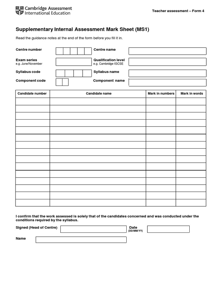 Supplementary Internal Assessment Mark Sheet (MS1) : Read The Guidance ...
