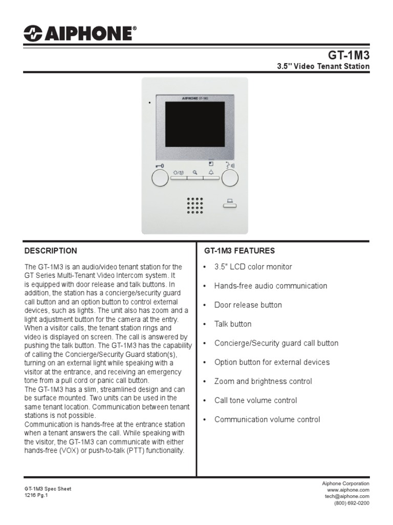 3.5" Video Tenant Station: GT-1M3 Spec Sheet 1216 Pg.1 Aiphone Corporation (800) 692-0200 | PDF ...
