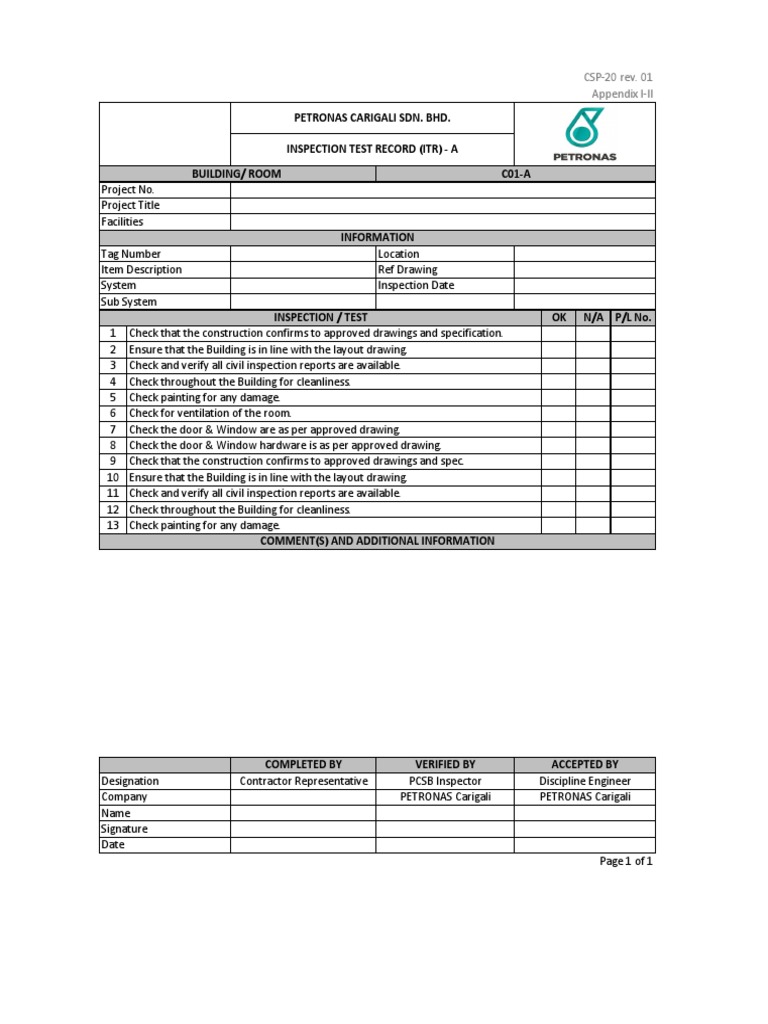 Petronas Carigali Sdn. Bhd. Inspection Test Record (Itr) - A | PDF ...