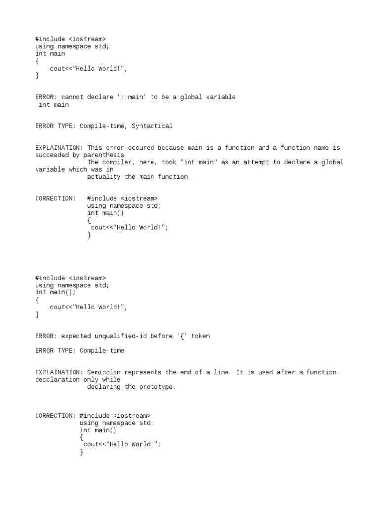 Errors in CPP Explained | PDF | Namespace | Computer Programming