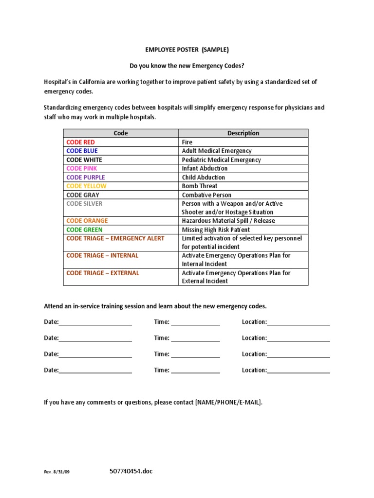 Employee Poster (Sample) Do You Know The New Emergency Codes? | PDF