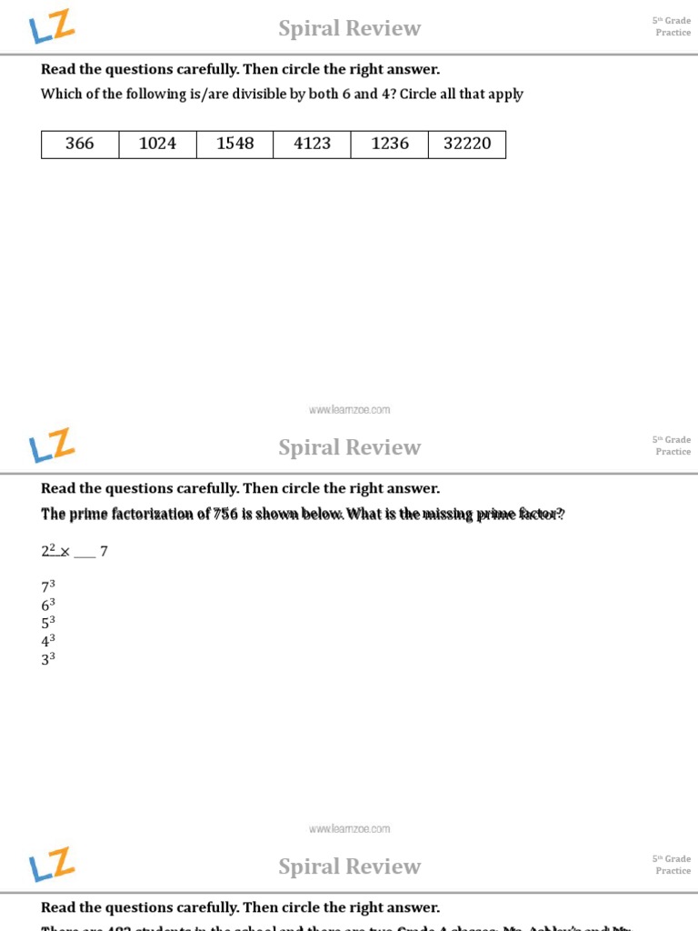 Spiral Review: Read The Questions Carefully. Then Circle The Right ...