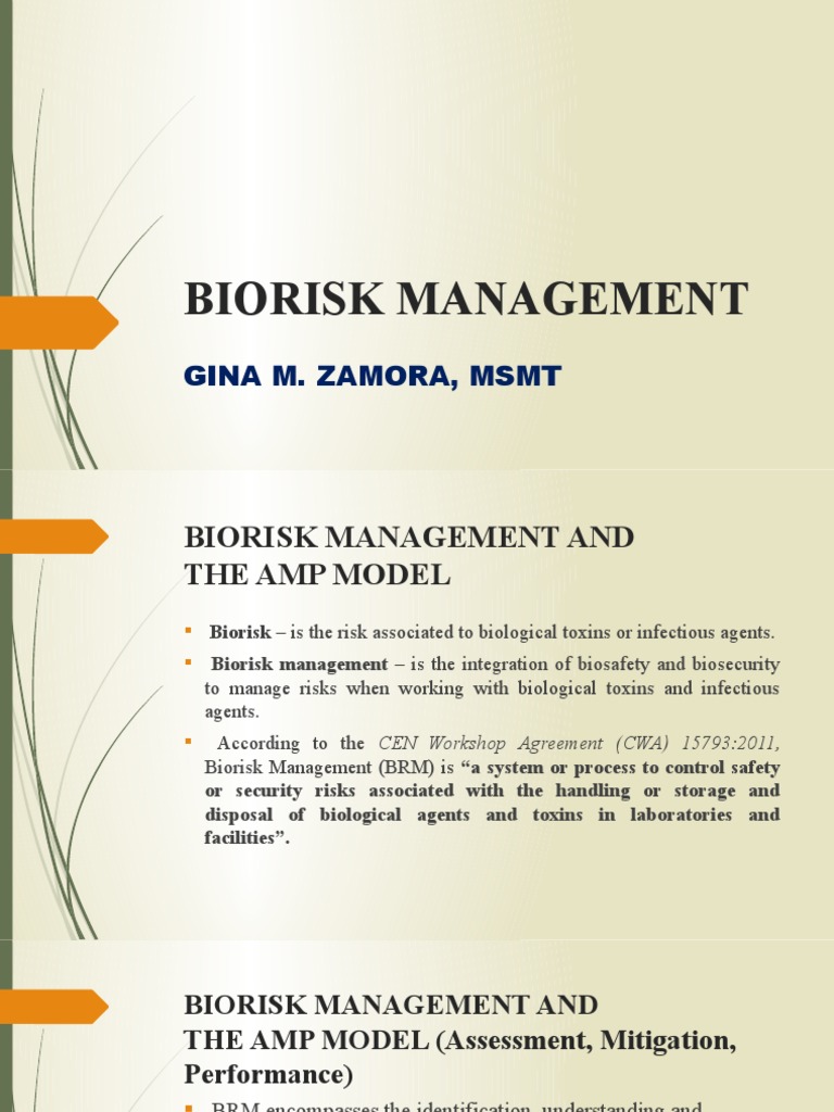 Biorisk Management: Gina M. Zamora, MSMT | PDF | Risk Assessment | Hazards
