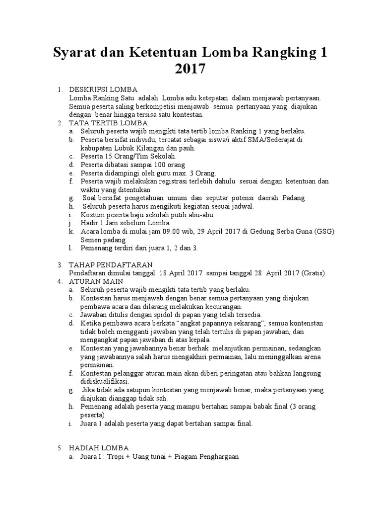 Syarat Dan Ketentuan Lomba Rangking 1 2017 | PDF