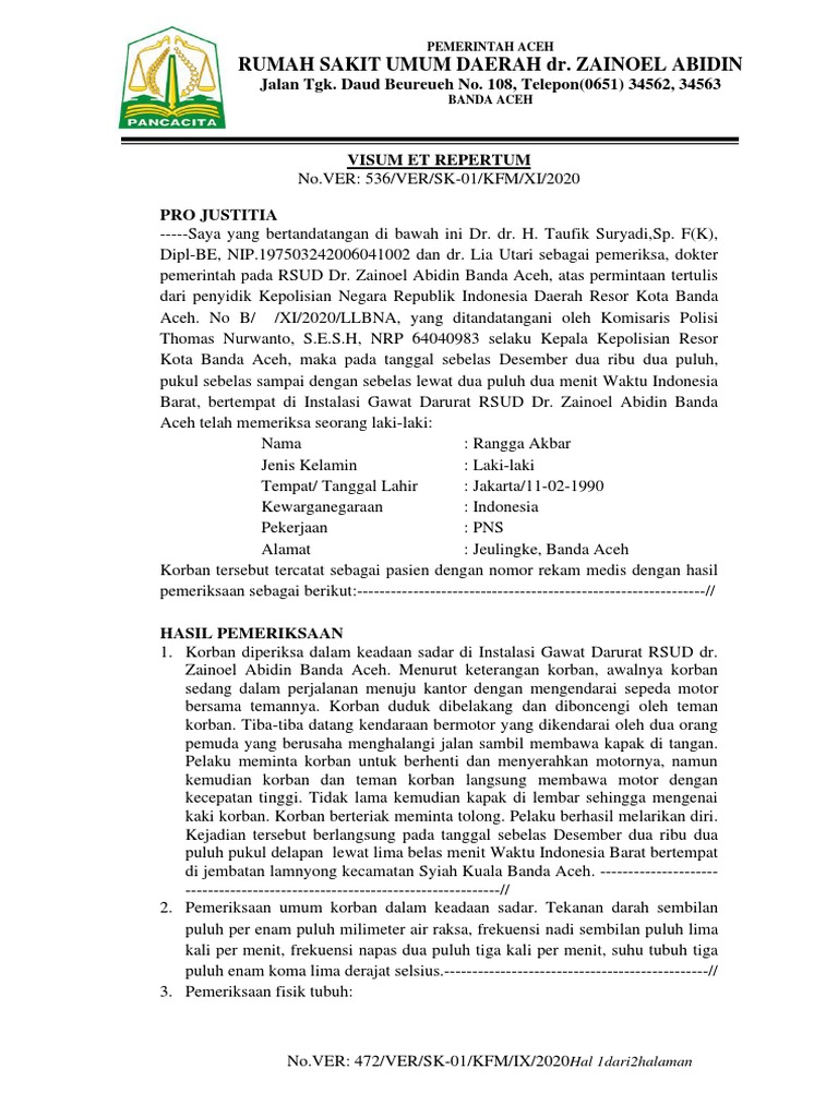 Visum Et Repertum Korban Hidup Trauma Tajam - Lia Utari | PDF