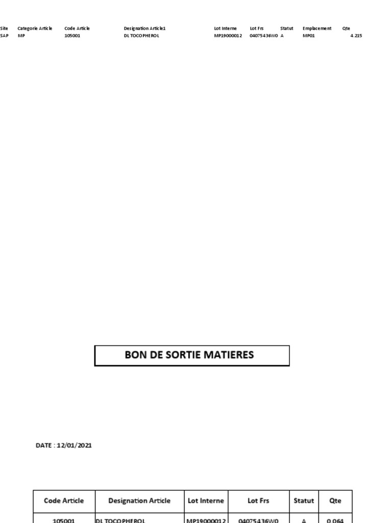 Bon de Sortie Matieres | PDF