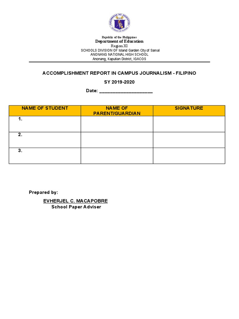 Accomplishment Report in Campus Journalism - Filipino SY 2019-2020 Date ...