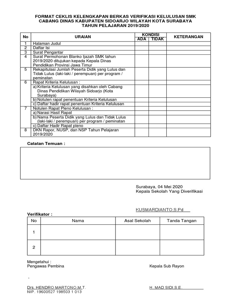 Format Ceklis Kelengkapan Berkas Verifikasi Kelulusan SMK | PDF
