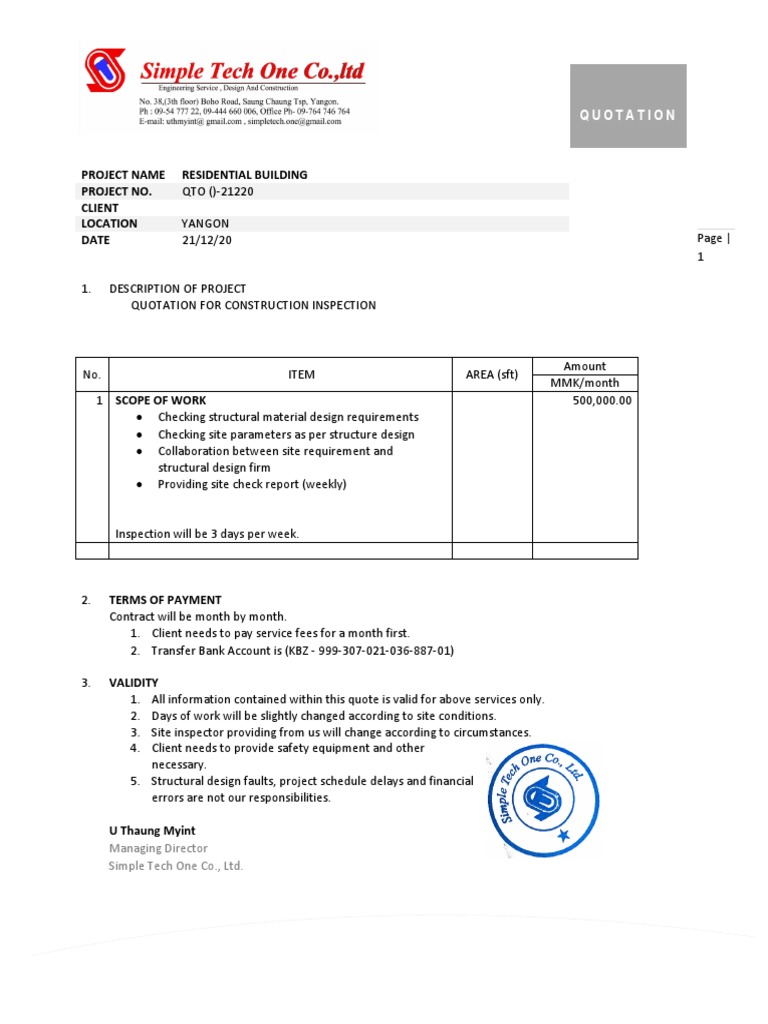 Quotation For Inspection Work | PDF | Cheque | Financial Services