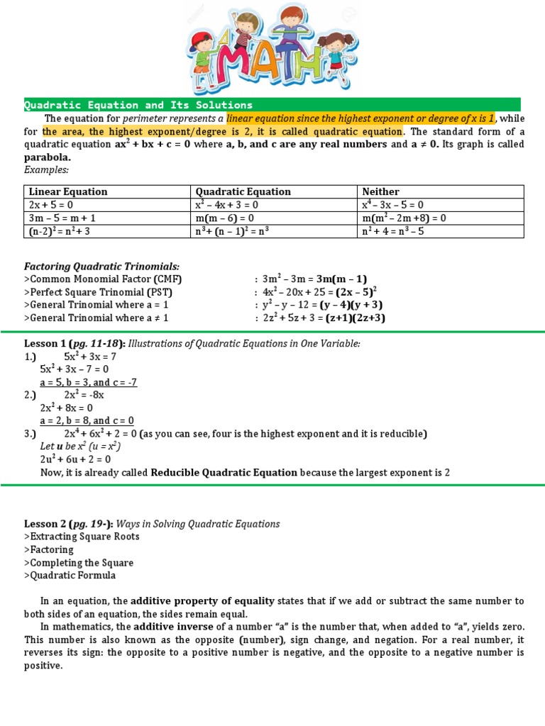 Quadratic Equation and Its Solutions: Examples | PDF | Quadratic ...