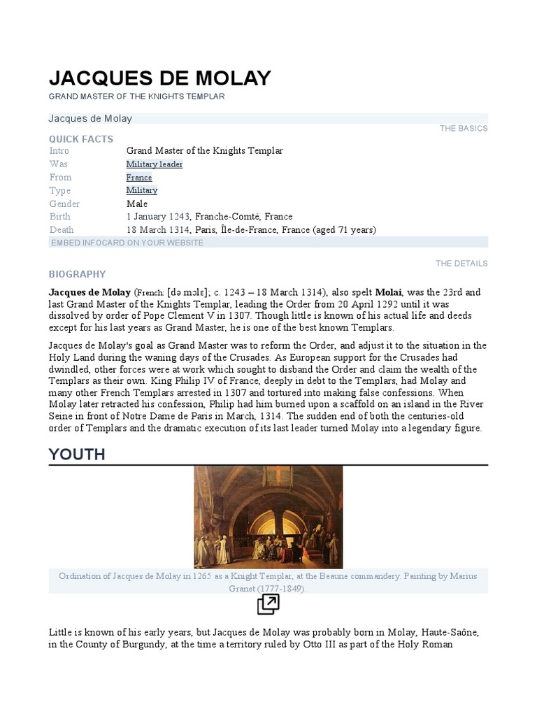 Jacques de Molay Grand Master of The Knights Templar | PDF | Knights Templar | Middle Ages