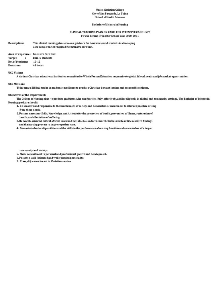 Sample Clinical Teaching Plan | PDF | Intensive Care Unit | Nursing
