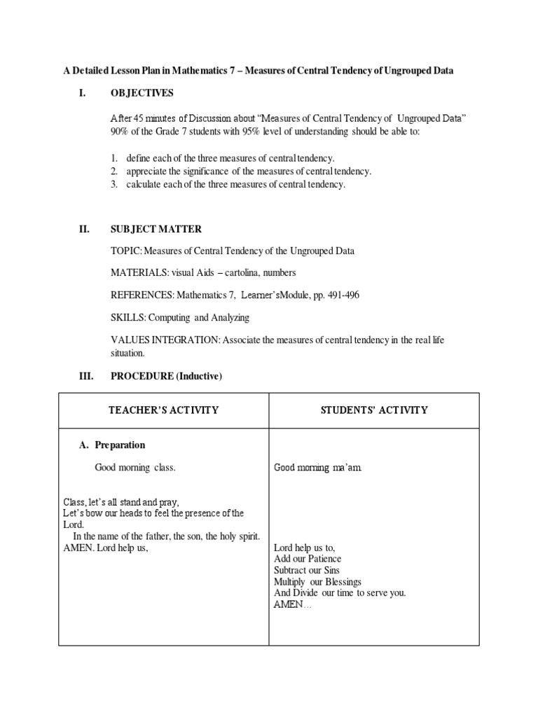 A Detailed Lesson Plan in Mathematics 7 - Measures of Central Tendency of Ungrouped Data I ...