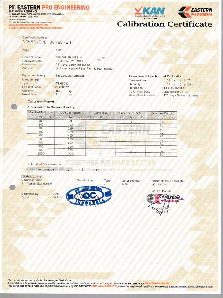 Sertifikat Kalibrasi Batching Plant 02 | PDF | Observation | Calibration