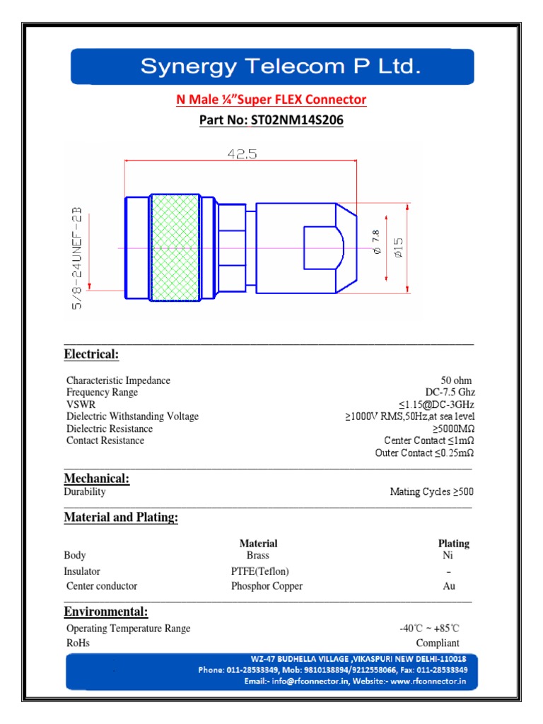 N Male "Super FLEX Connector: Part No: ST02NM14S206 | PDF