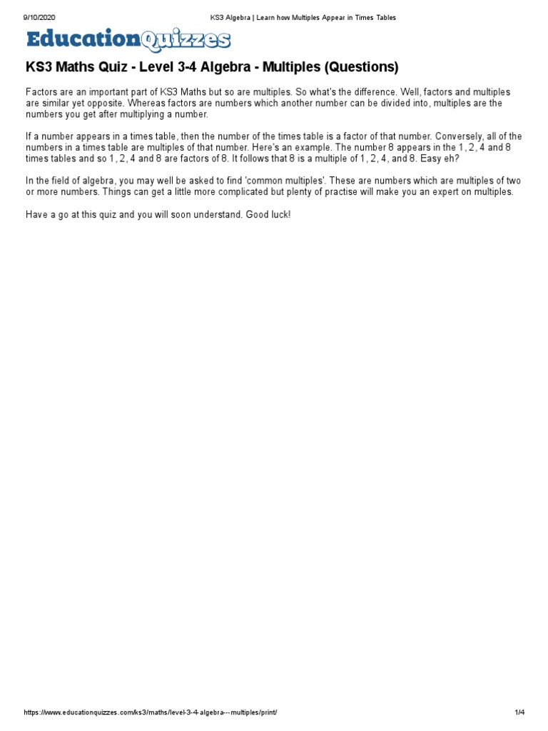 KS3 Maths Quiz - Level 3-4 Algebra - Multiples (Questions) | Download ...
