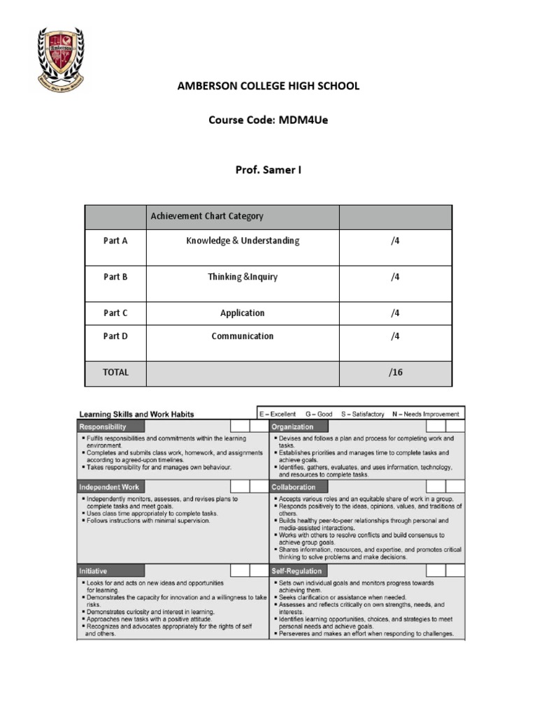 Amberson College High School Course Code: MDM4Ue: Achievement Chart Category Part A Knowledge ...