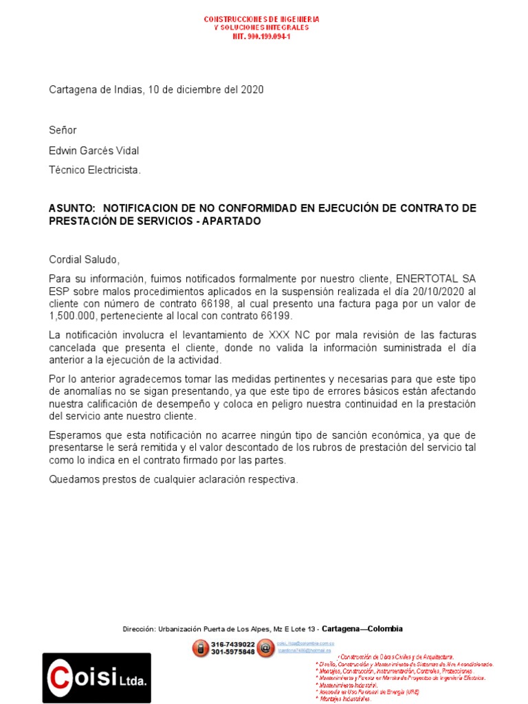 Documento de No Conformidad Edwin Garces | PDF | Negocios | Derecho