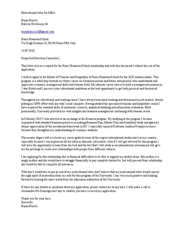 Motivational Letter For MBA | PDF | University | Master Of Business ...