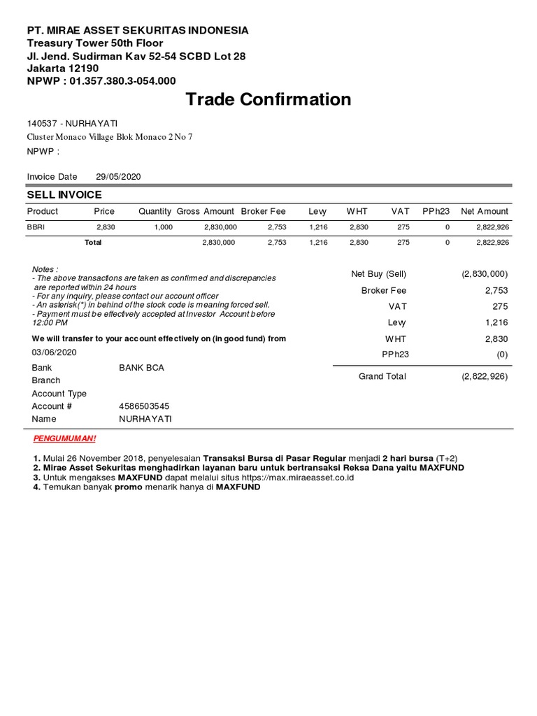 Trade Confirmation for the Sale of 1,000 Shares of BBRI Stock by ...