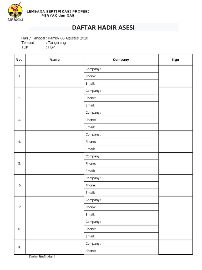 Daftar Hadir Asesi: Hari / Tanggal: Kamis/ 06 Agustus 2020 Tempat: Tangerang TUK: HSP | PDF