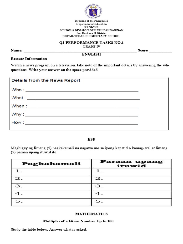 Q2 Performance Tasks No.1 Name: - Score - English Restate Information | PDF